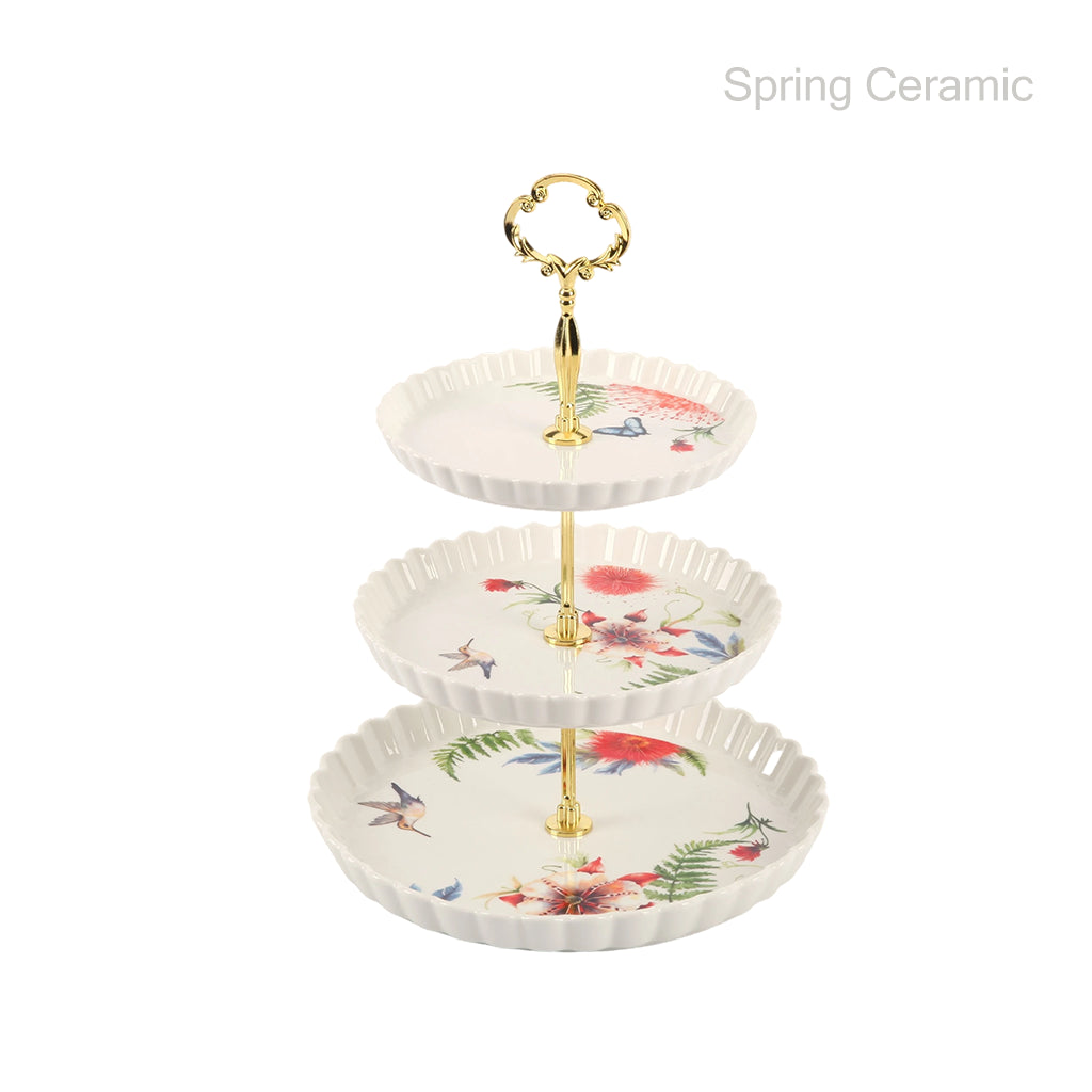 3-Tier Ceramic Serving Stand with Gold Metal Frame, Floral Hummingbird ...